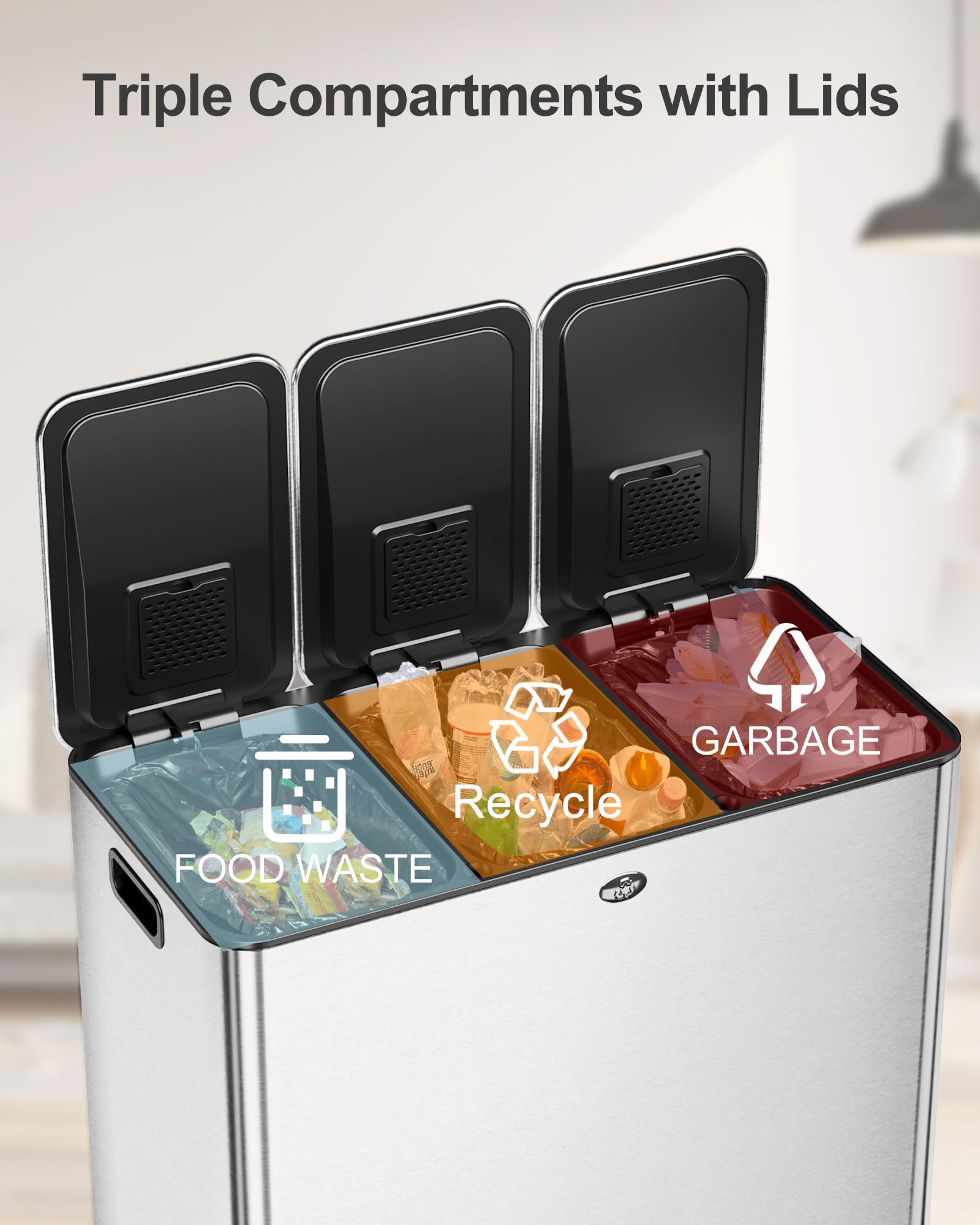 Garvee Trash Can, 15 Gallon Triple Compartment Stainless Steel Kitchen Trash Can for Recycling, 5+5+5 Gallon Plastic Inner Buckets and Quiet Close, Brushed, Airtight, Silver