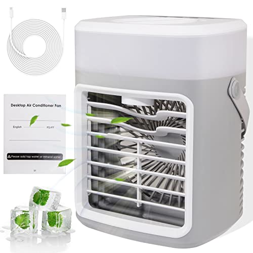 Rubtlamp Evaporative Air Cooler with 3 Speeds, 2-4H Timer Rechargeable Mini Air Conditioner,450ML Water & 7 Color Personal Air Conditioner Cooling Fan, Gray Air Cooler for Room Office Car Camping