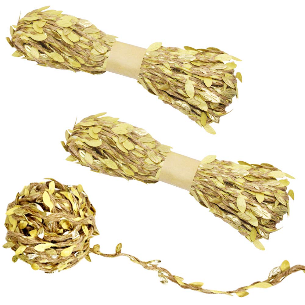 YuCool 3 Rolls 98 Feet 5MM Gold Burlap Leaf Ribbon, with Artificial Green Leaves Braided Decorated Vine for Jungle Party Wedding Garden Home Decor
