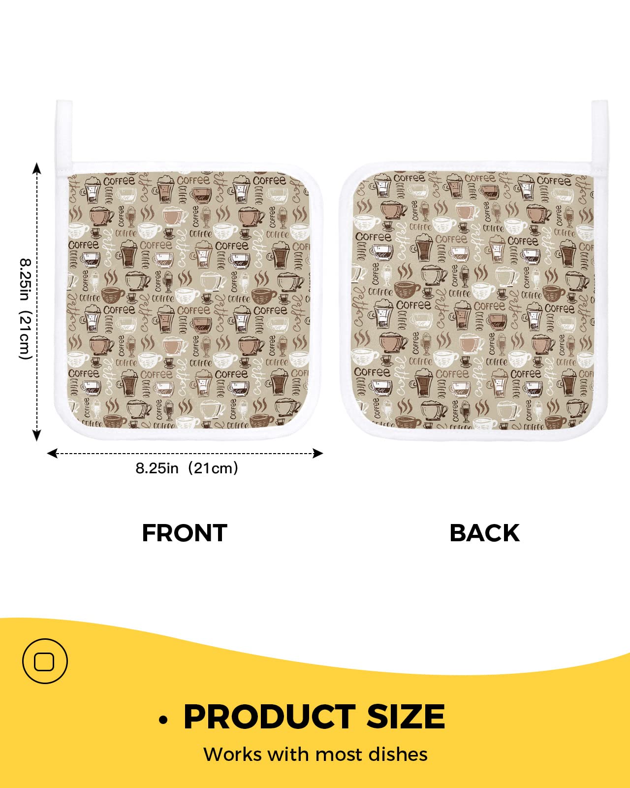 Coffee Theme Pot Holders for Kitchen Heat Insulation, Vintage Khaki Coffee Time Coffee Beans Potholders Hot Pads with Hanging Loop, Washable Oven Mitts Pot Holder Trivet for Cooking Baking 4 Pack