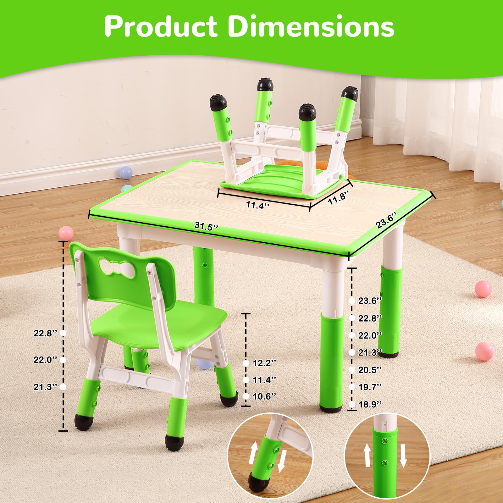 GarveeHome Kids Table and 4 Chairs Set, Toddler Height Adjustable Desk with Graffiti Desktop, Non-Slip Legs, Max 300lbs,Arts & Crafts Table,Children Multi-Activity Table for Classrooms,Home,Daycares