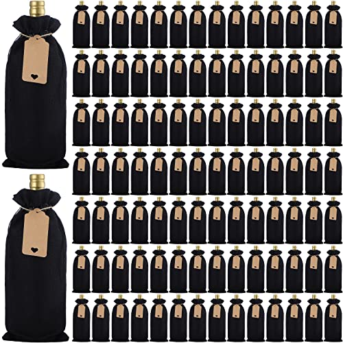Nuogo 100 Pcs Black Burlap Wine Bag with Drawstring Bulk Reusable Gift Bags, Bags for Bottles Gifts Bottle Tags Wedding Birthday Blind Tasting Christmas Party Home
