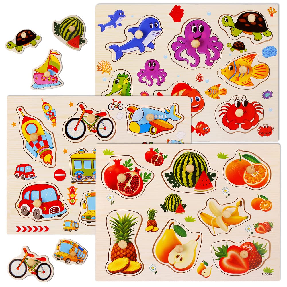 Wooden Peg Puzzles for Toddlers, 3 Pack Ocean Transportation Fruit Puzzles for Kids 1-3 Years Old, Early Educational Preschool Learning Puzzles Toys for Boys and Girls Ages 1 2 3 4 5