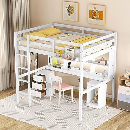 Full Loft Bed with Desk and LED Lights, Wooden Full Size Loft Bed with Storage and Charging Station, High Loft Bed Frame for Kids,Teens, Adults, No Box Spring Needed (Full, White)