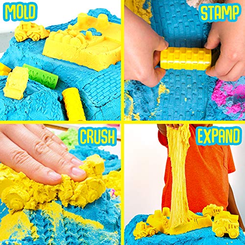SlimySand Construction, 2 Pounds of SlimySand (Blue and Yellow), 3 Fun 3D Molds, 2 Rollers & 1 Reusable Box For Hours Endless Hours of Play. Super Stretchy & Moldable!