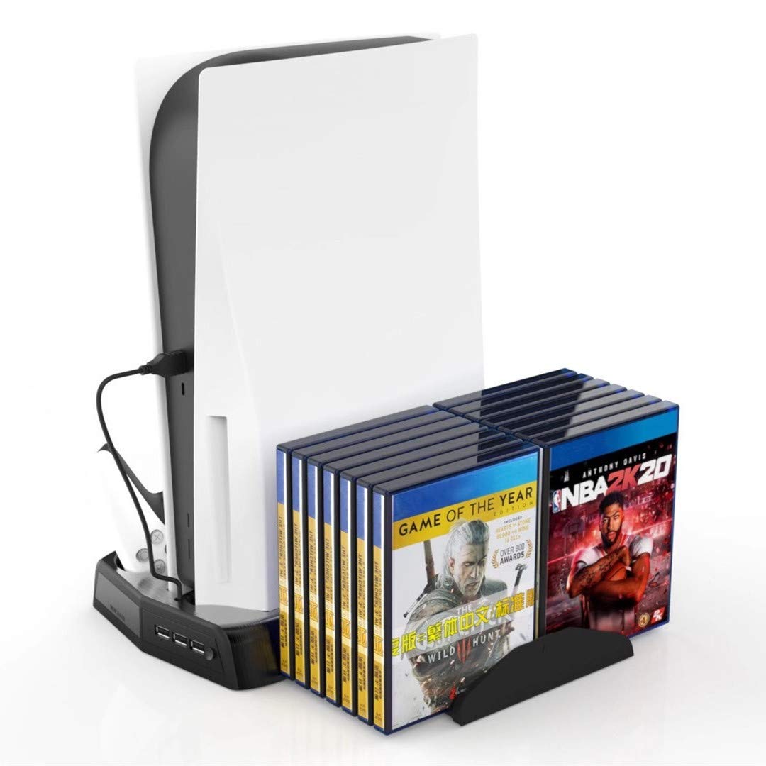 PS 5 Vertical Stand with Cooling Fan for Digital and Disk Edition, Charging Station Dock with Dual Controller Fast Charger Ports and Retractable Game Storage for PS 5 and Controllers