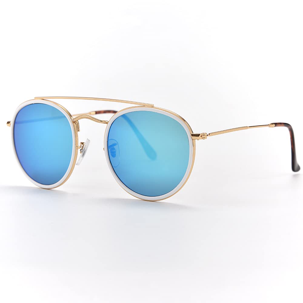 Bolo.ban classic round double bridge sunglasses for women men ics blue glass lens mirrored UV400 protection