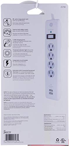 GE Surge Protector, 4 Outlets 2 USB Ports, Extra Long 8ft. Power Cord, White, 25798