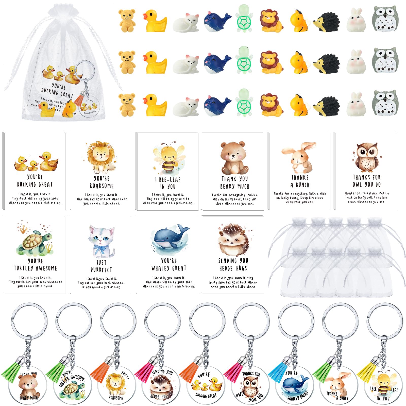 Geetery 120 Pcs Inspirational Gift Include Appreciation Animal Pun Thank You Note Cards Funny Resin Toys Motivational Keychain Organza Bags for Coworkers Family Nurse Friend Volunteer Pocket Favors