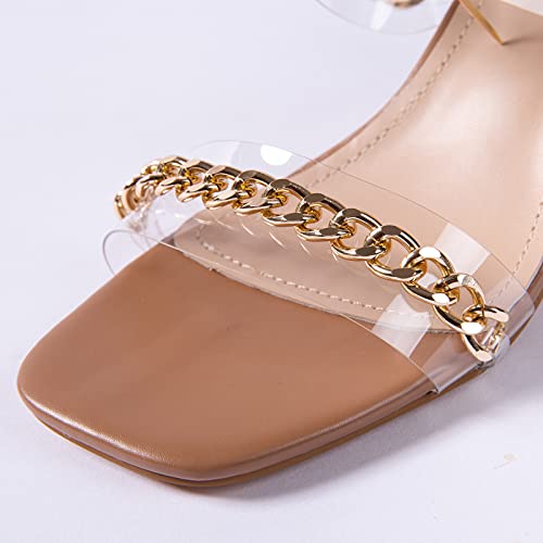 N.N.G Women Clear Heel Sandals Chunky Heels Two Strap Block Square-Toe Leather Comfortable Sandals Nude Size 6