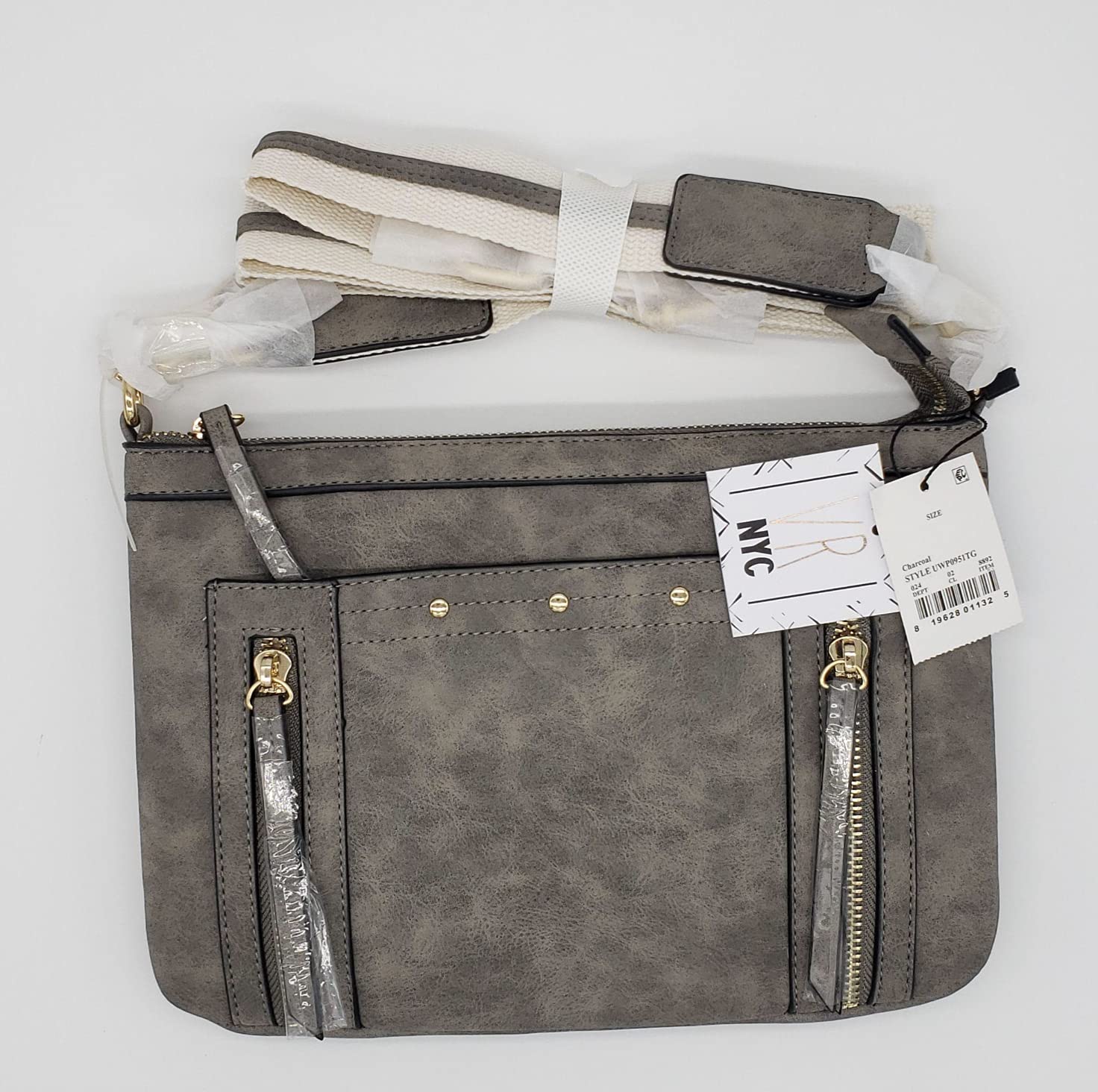 VR NYC Women's Zip Closure Faux-Suede Adjustable Strap Crossbody Bag, Charcoal