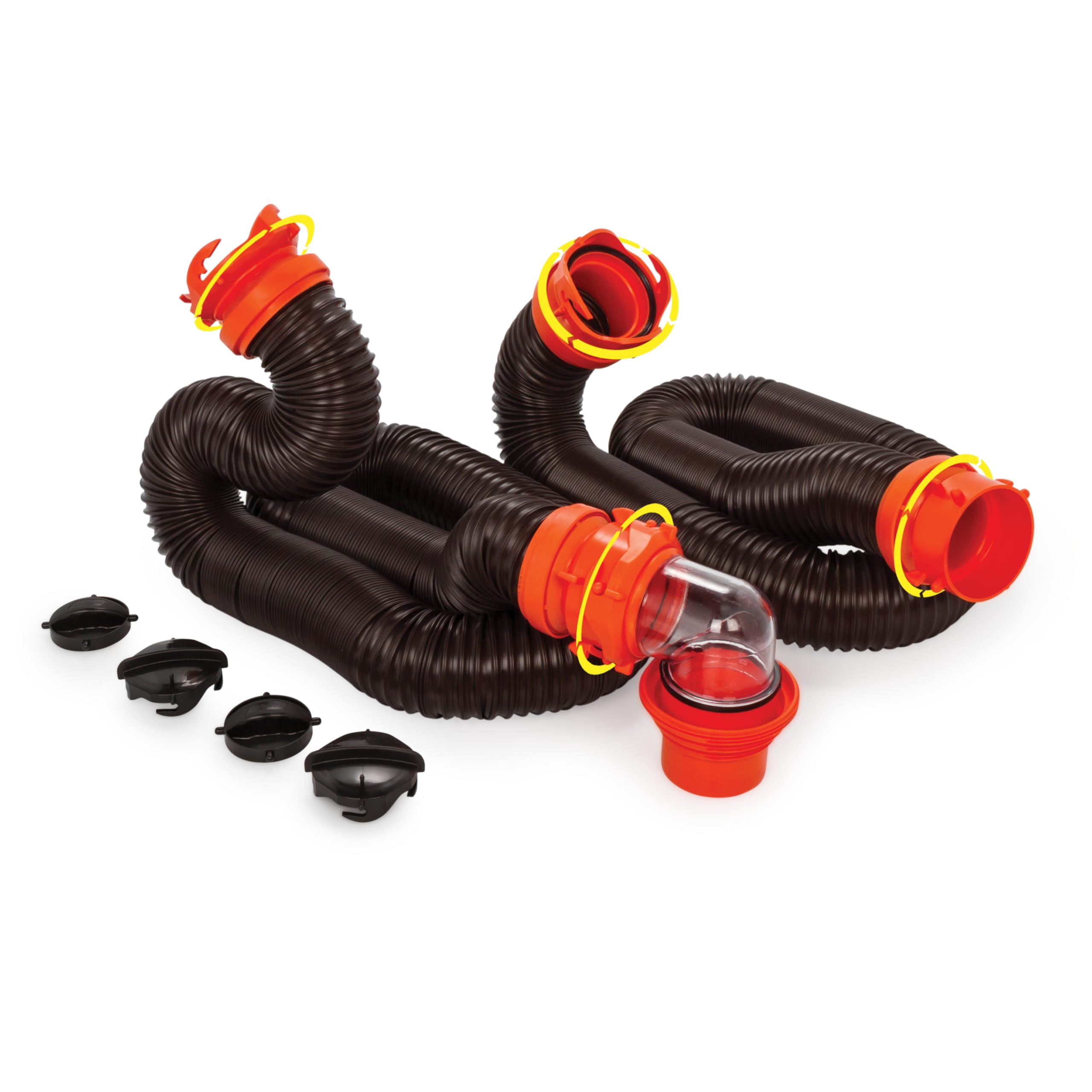 Camco RhinoFLEX 20-Ft Camper/RV Sewer Hose Kit - Features Clear Elbow Fitting w/Removable 4-in-1 Adapter - Connects to 3β Slip or 3β/3.5β/4β NPT Threaded Sewer Connection (39742)