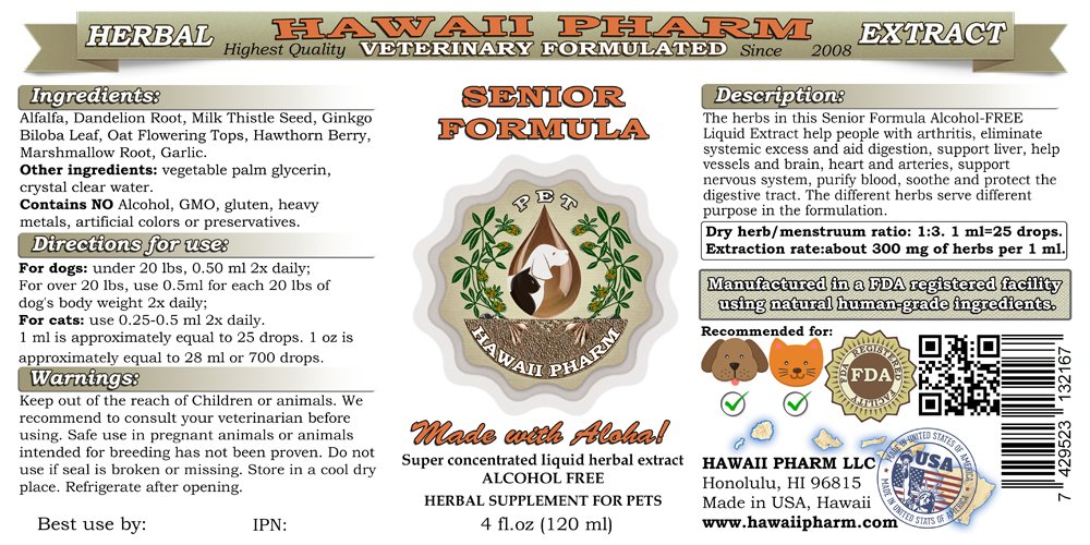 HawaiiPharm Senior Formula, Veterinary Natural Alcohol-Free Liquid Extract, Pet Herbal Supplement 4 oz
