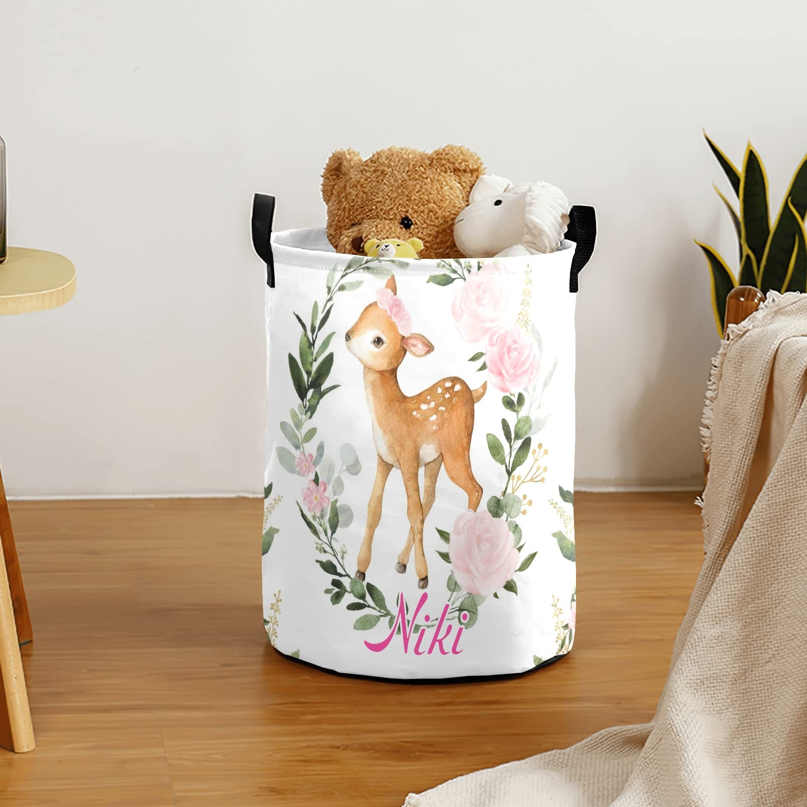 Deer Pink Floral Roses Laundry Basket Personalized with Name Laundry Hamper with Handle Clothes Bag Bin for Bedroom Baskets