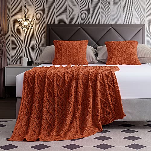 Homiest Cable Knit Throw Blanket and Pillow Set, Rust Throw Blanket Set of 3, Knitted Throw Blanket (50"x60") & 2 Pillow Covers (18"x18"), Soft & Cozy Decorative Throw Blanket for Couch Bed Sofa