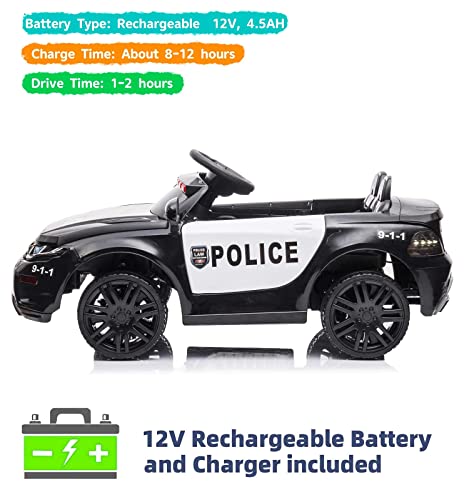 u URideon 12V Ride on Police Car for Kids, Battery Powered Electric Vehicle SUV with Remote Control, Siren, Flashing Light, Music (Black)