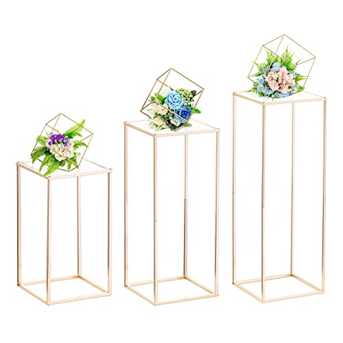 NUPTIO Wedding Centerpieces for Tables with Acrylic Panel - 3 Pcs 15.7/23.6/31.5 inch Tall Gold Vases for Centerpieces - Flower Stand for Centerpiece Table Metal Vase Column Stand Party Decorations
