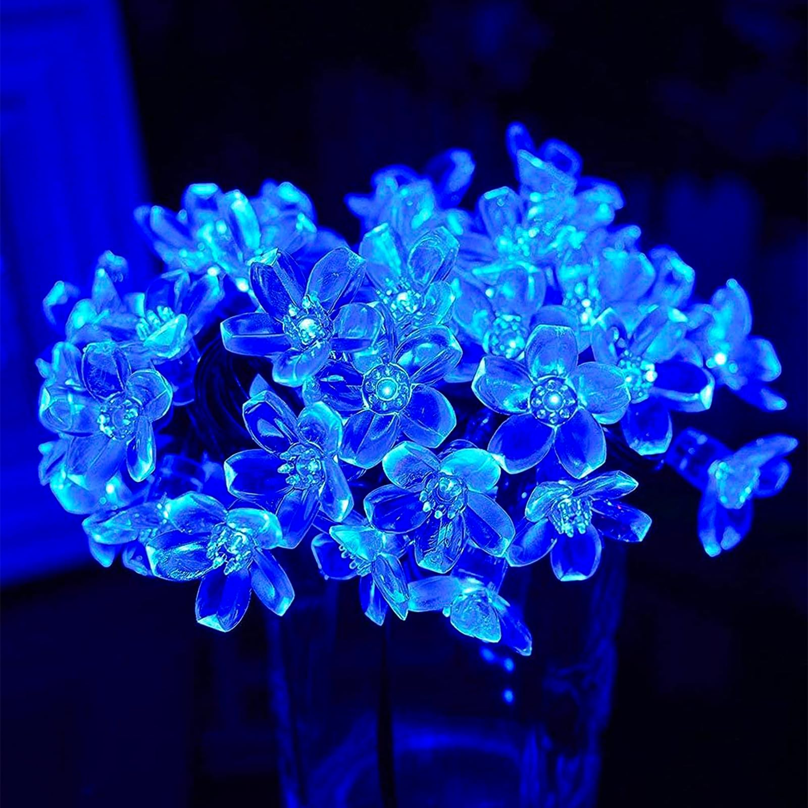 Blue Flower Fairy Lights, 33ft 100 LED Plug in Christmas Tree Light Home Decor, Wedding Party Decorative Artificial Flower Strings for Garden Patio Fence Yard Spring Outdoor DIY Decoration (Blue)