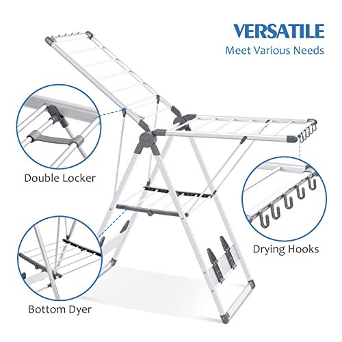 TOOLF Clothes Drying Rack, Aluminum Foldable 2-Level Drying Racks for Laundry, Large Foldable Laundry Stand with Height-Adjustable Gullwings, Sock Clips Hooks for Bed Linen, Clothing, Socks, Scarves