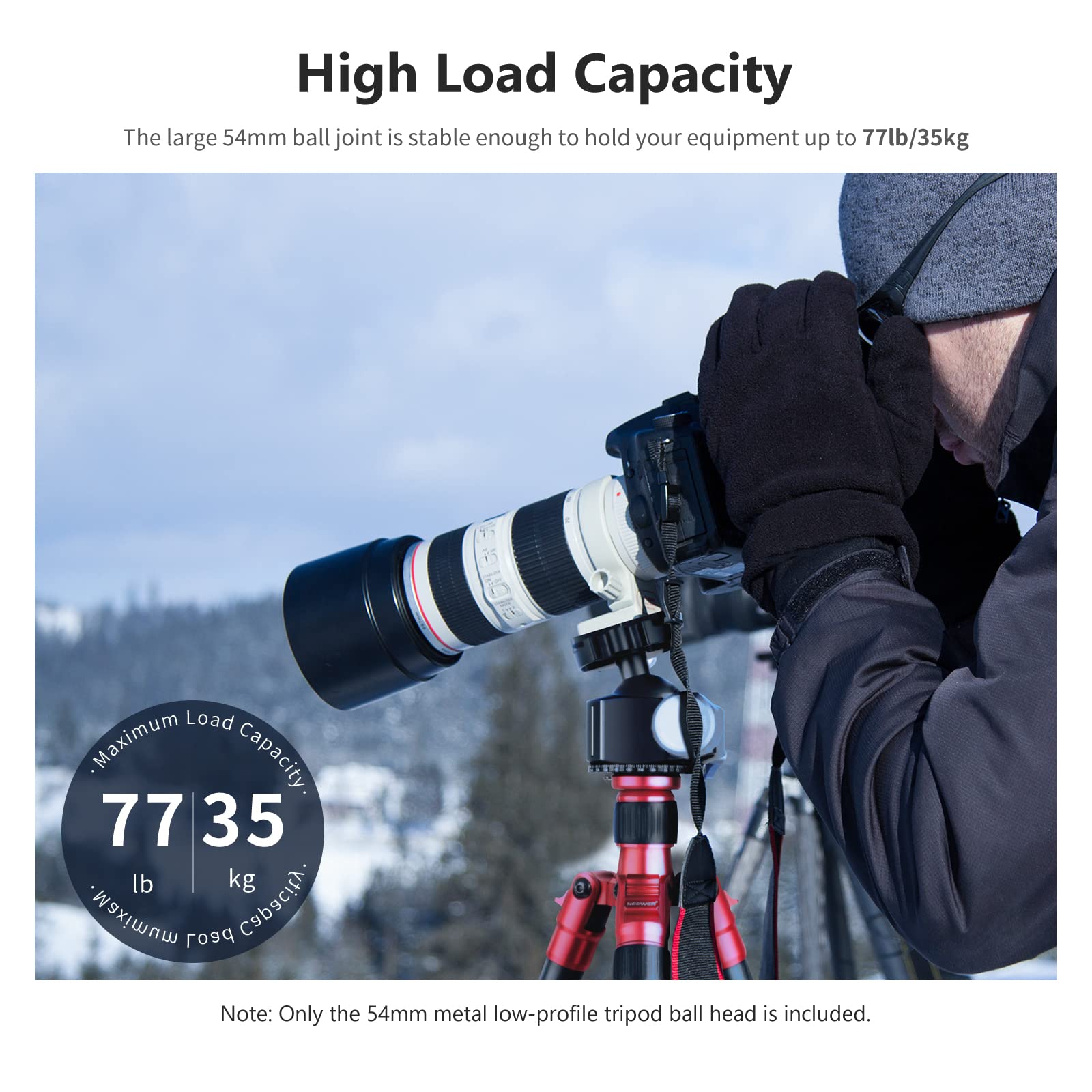 Neewer Low Profile DSLR Camera Tripod Ball Head, 54mm All Metal Panoramic Camera Mount Tripod Head with 1/4” Quick Release Plate for DSLR Camera/Camcorder, Tripod, Monopod, Slider, Max Load 77lb/35kg