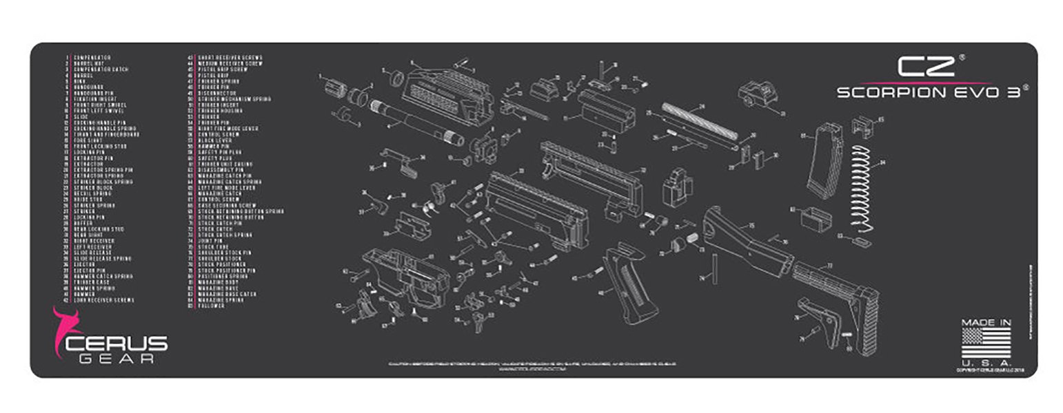 Cerus Gear CZ Scorpion Evo 3 Schematic Promat, Versatile Firearm Mat for Cleaning, Reloading, Rifle Cartridges Printed to Scale, Fits Most Guns, Great for Any Desk or Work Bench - 12 x 36 Inches