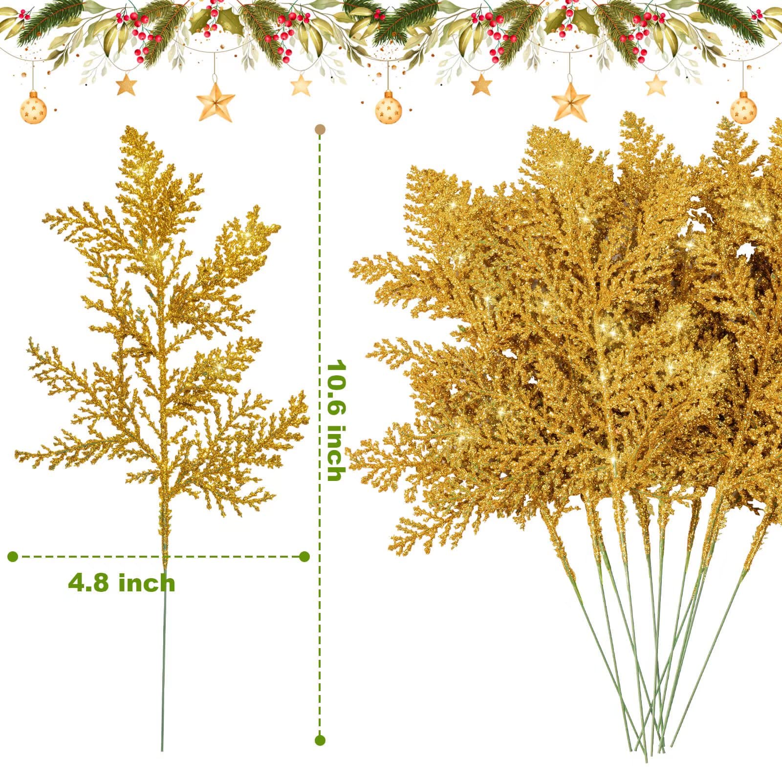 TORINALITAL 22PCS Christmas Tree Picks Sprays, Gold Glitter Artificial Pine Needles Faux Christmas Floral Picks Branches for Christmas Tree Wreath Wedding Bouquet Winter Seasonal Holiday Decoration