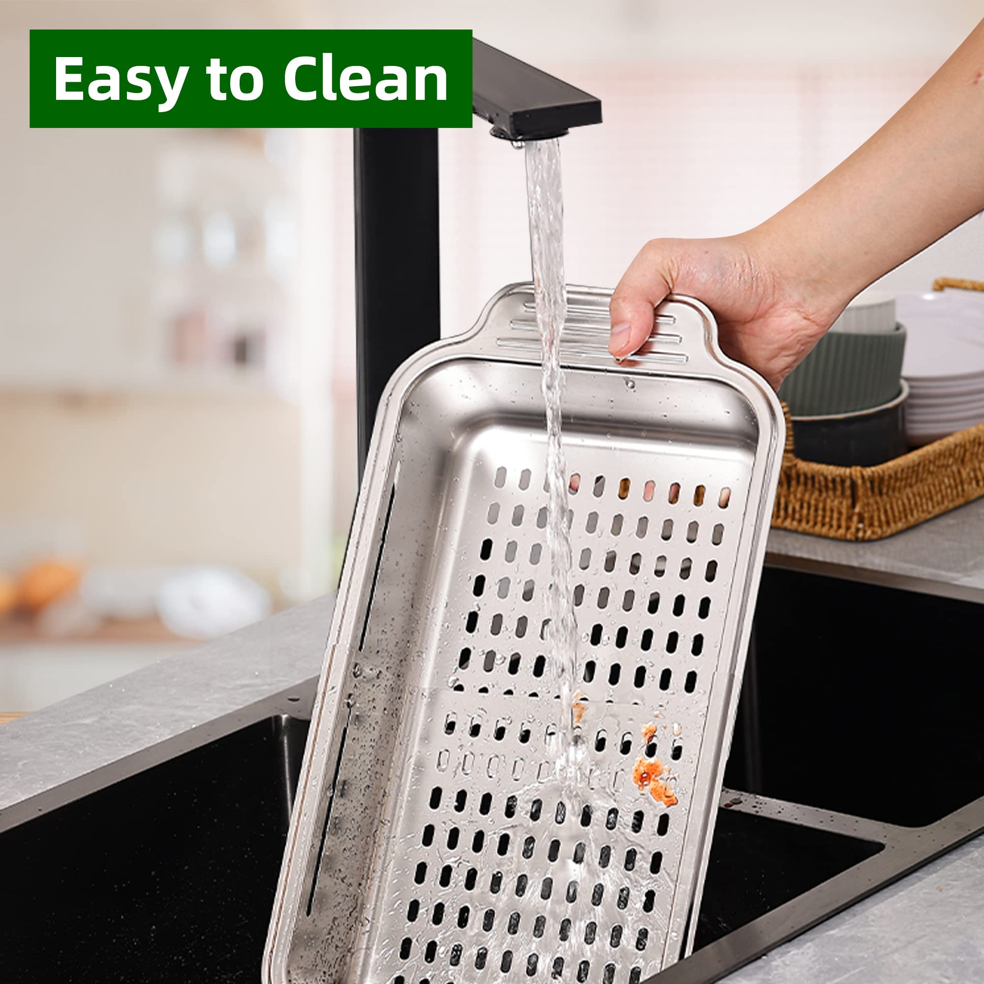 DOXILA Over the Sink Colander Strainer Basket - Kitchen Essentials for New Home-Expandable to Fit Most Sinks - Stainless Steel, Wash Vegetables and Fruits, Drain Cooked Pasta and Dry Dishes