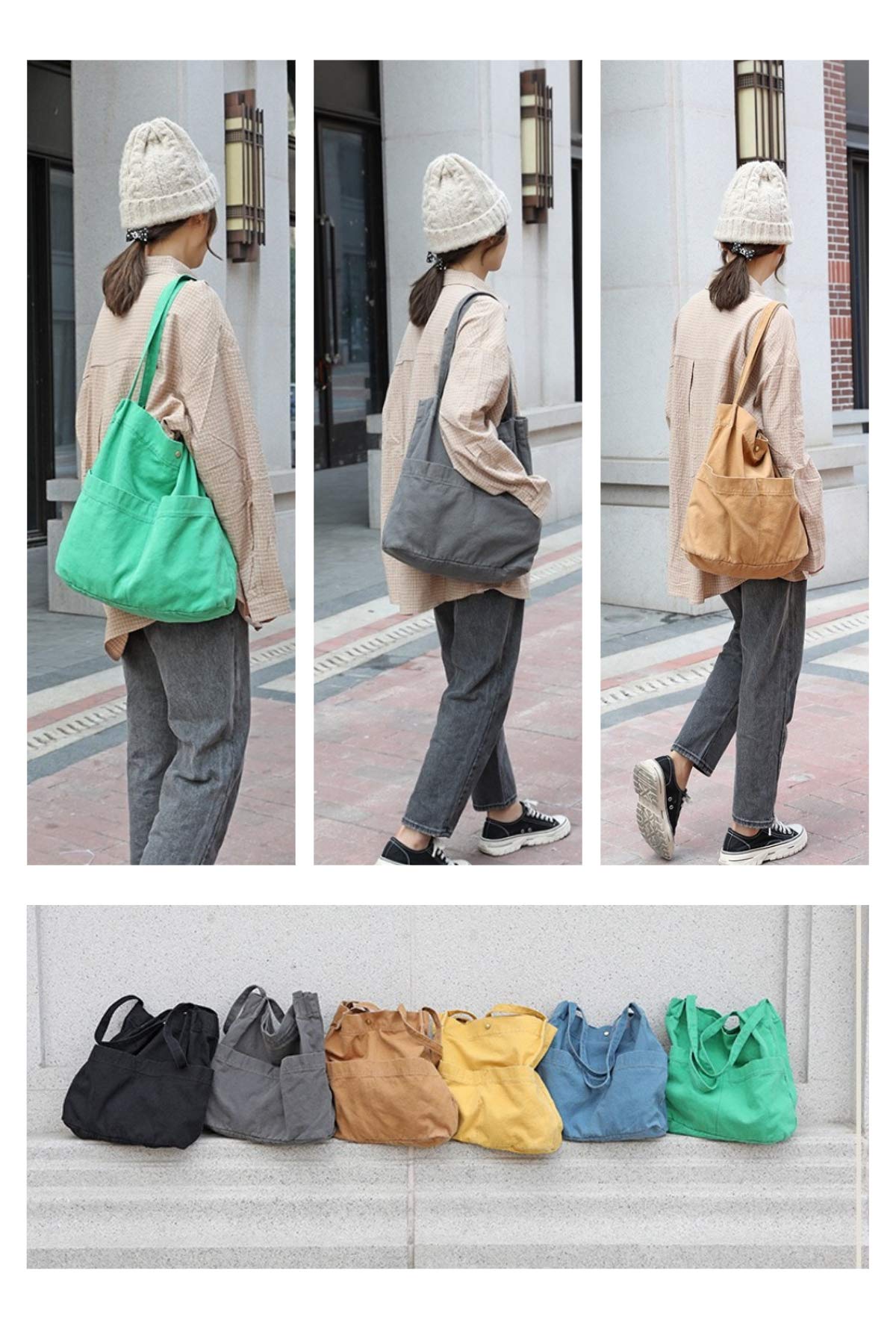 Jeelow Washed Canvas Market Tote Handbag Shoulder Bucket Bag Purse With Pockets For Men & Women