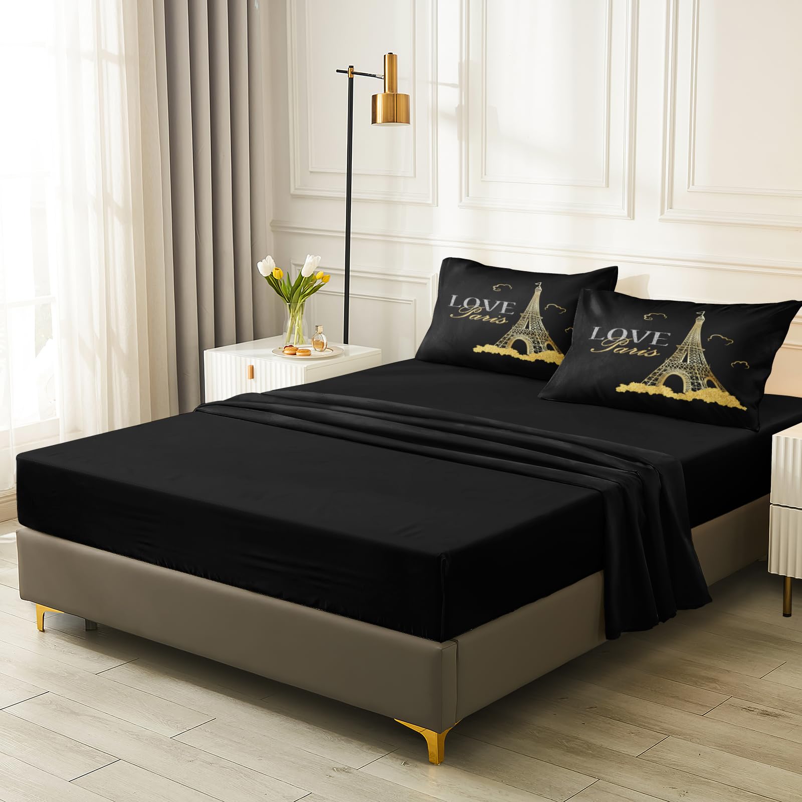 Black and Gold Comforter Set Queen Black Bed in a Bag 8 Pieces Boho Hippie Bedding with 1 Comforter, 1 Flat Sheet, 1 Fitted Sheet, 4 Pillowcases, 1 Cushion Cover (Queen, Marble)