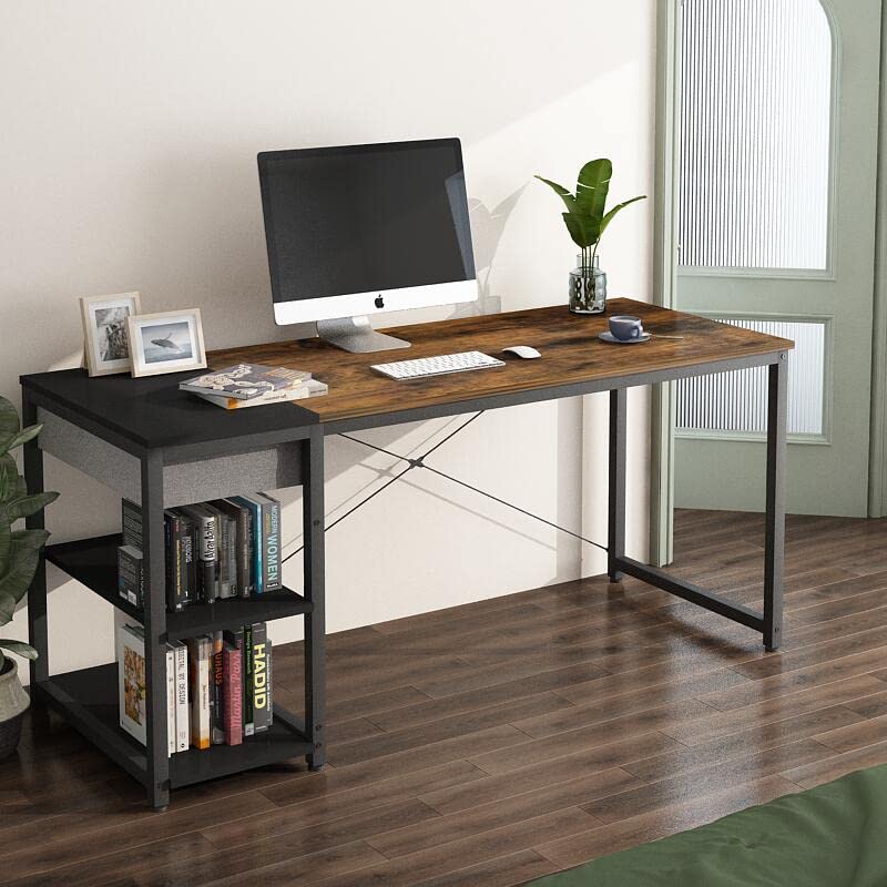 KAVFOCOY Simple Style Computer Desk with Storage Shelves Study Writing Table for Home Office Easy Assembly 55inch Rustic Brown