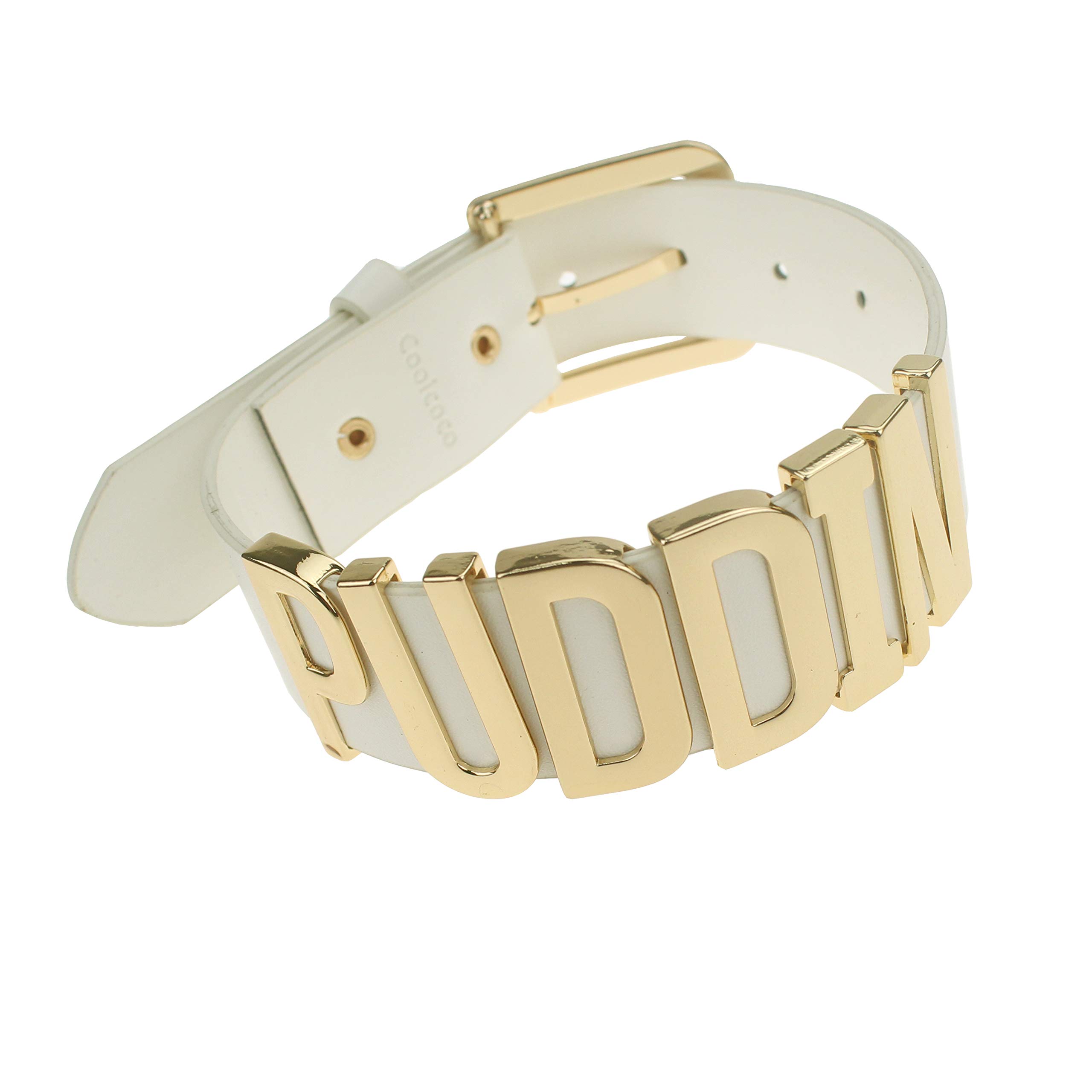 Coolcoco Adjustable White Belt Letter Gold Puddin Choker Necklace Collar for Cosplay (About 1.2 Inch Width)