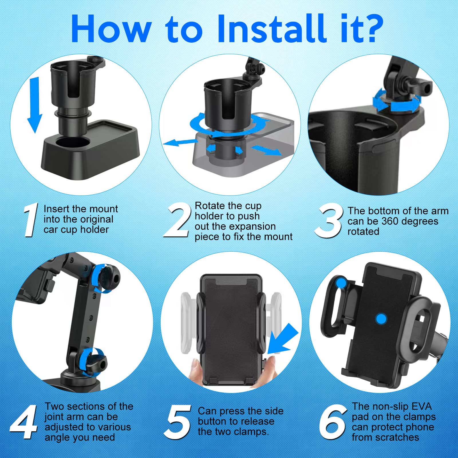 Cup Holder Phone Mount, Universal Cell Phone Holder for Car Truck SUV Drink Expand Cup Holder Adapter Long Arm 360° Rotation Adjustable Base Large Car Cupholder Fit for iPhone, Samsung & All Phone
