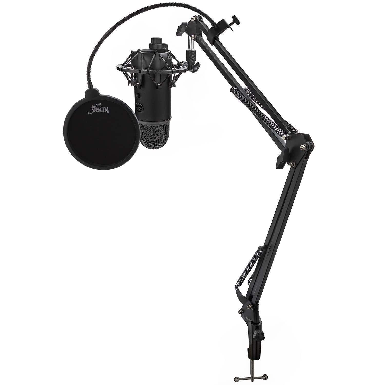Blue Yeti Microphone (Blackout) with Knox Boom Arm Stand, Pop Filter and Shock Mount Bundle, USB