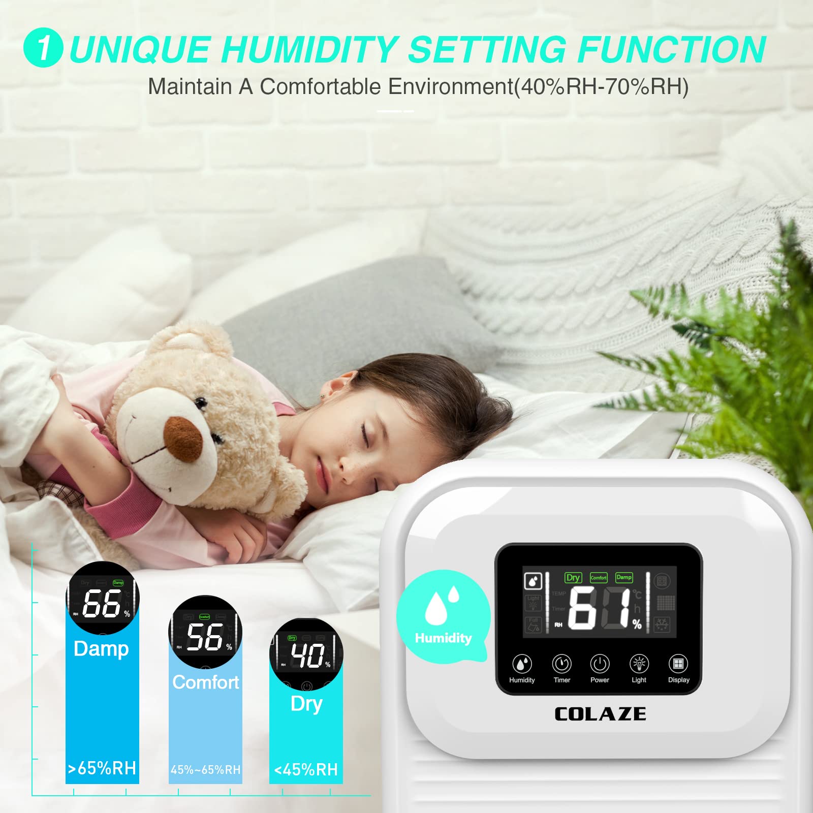 COLAZE Dehumidifiers for Small Spaces Dehumidifier Up to 500 Sq.ft with LED Display, Humidity Setting, Timer, Auto Shut off, Defrost Functions