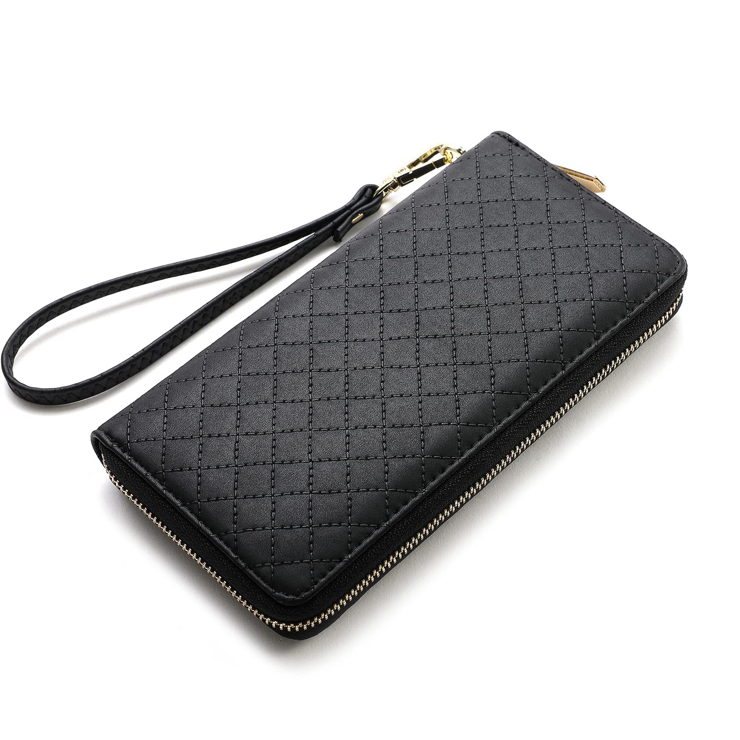 Wallets For Women Zipper Wristlet Clutch Wallet With Wrist Strap Ladies Long Purse Vegan Leather (Black)