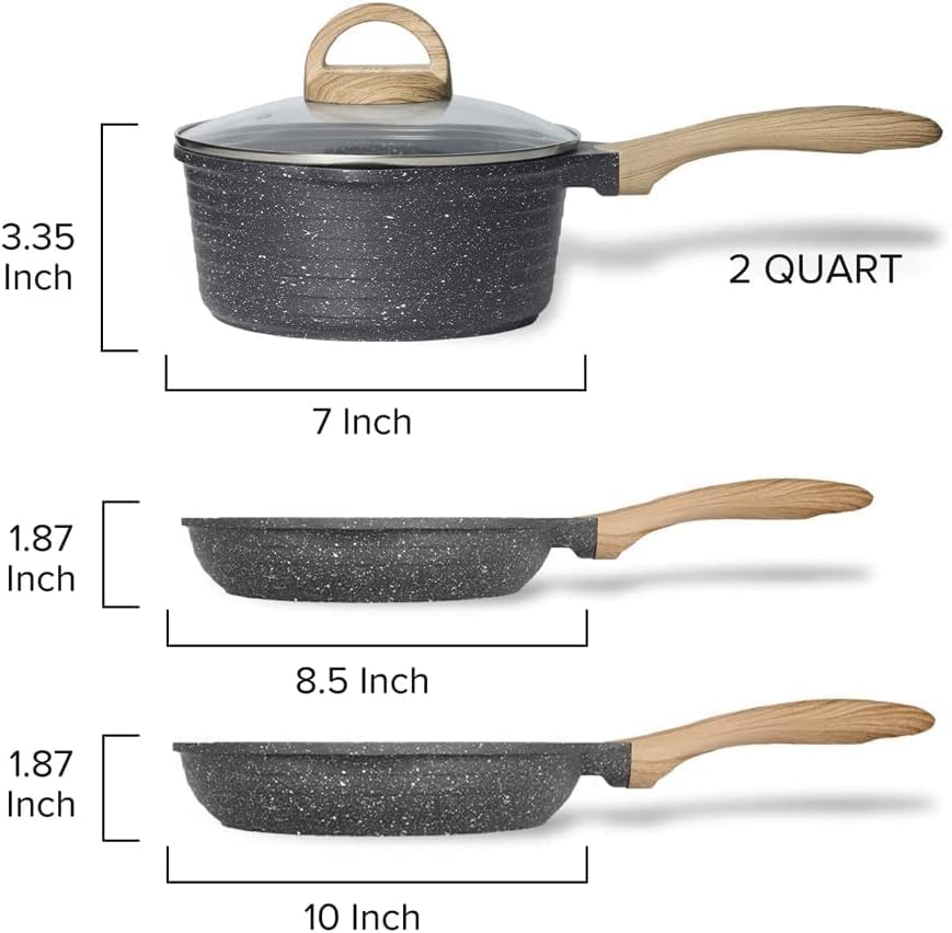 JEETEE Pots and Pans Set Nonstick, Granite Cookware Set, 8.5 Inch Frying Pan, 10 Inch Frying Pan and 2.0 Quart Saucepan with Lid (PFOA/PFOS Free), 4pcs Cooking Set (Induction, Gas, Ceramic, Electric)