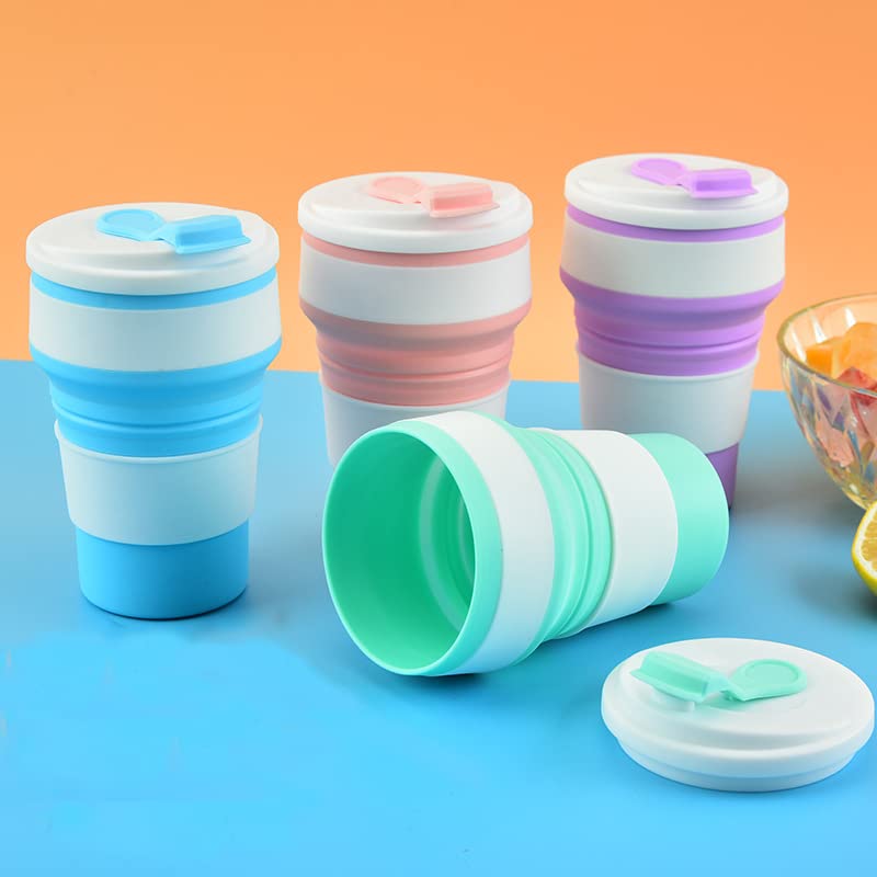 Collapsible Coffee Cups for Travel, Portable Foldable Travel Coffee Mug Silicone Collapsible Travel Cup 350ml Foldable Travel Mug with Lids Reusable Portable Bottle for Camping, Blue