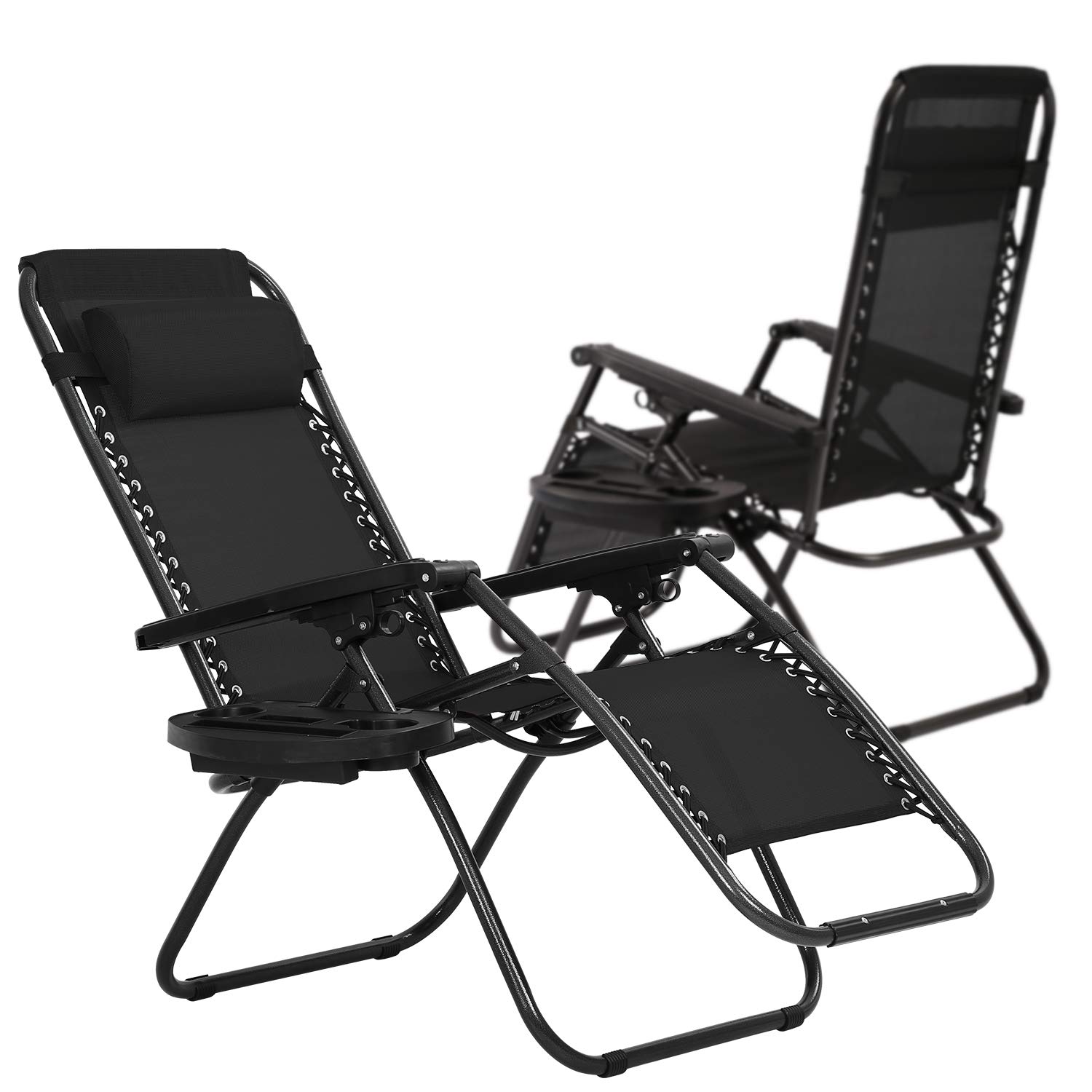 HCY Zero Gravity Chairs Outdoor Adjustable Recliner Chair Folding Lounge Patio Chairs with Cup Holder Pillows Set of 2 for Beach, Yard, Lawn, CampďźBlackďź