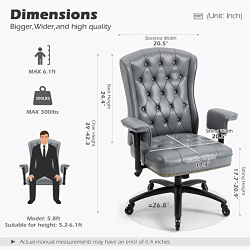 YAMASORO High Back Executive Office Chair with Rubber Wheels and Armrests,PU Leather Home Office Desk Chairs Comfortable Ergonomic Computer Chairs for Adults,Grey