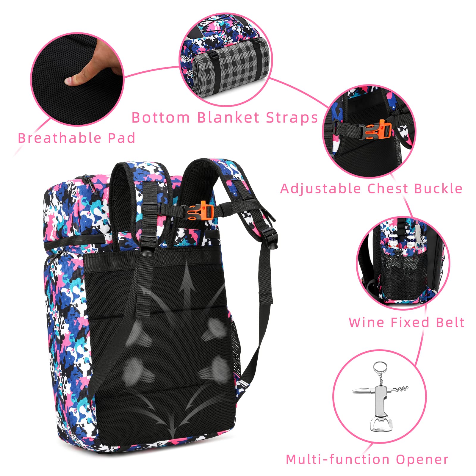 Cooler Backpack with 5 Ice Packs, 45 Cans Insulated Backpack Cooler Bag, Large Picnic Backpack Lunch Bag with Cool/Warm/Tableware Compartments, Leak Proof Cooler Backpack for Men Women, CamoPink