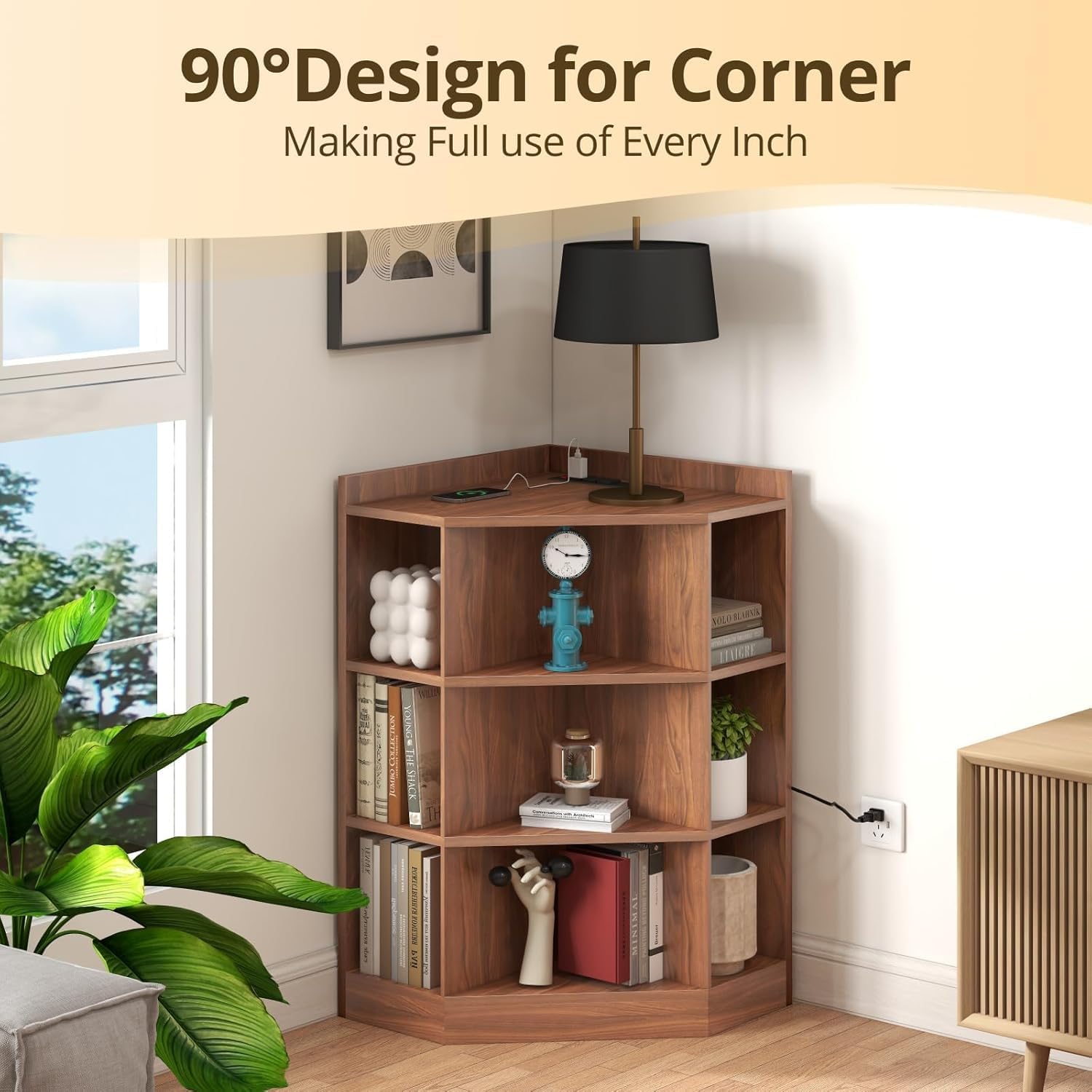 EvaStar Corner Shelf Cabinet with Charging Station, 9-Cubby Corner Bookshelf, Bookcase, and Table, Compact Corner Cube Storage & TV Stand for Small Spaces, Black