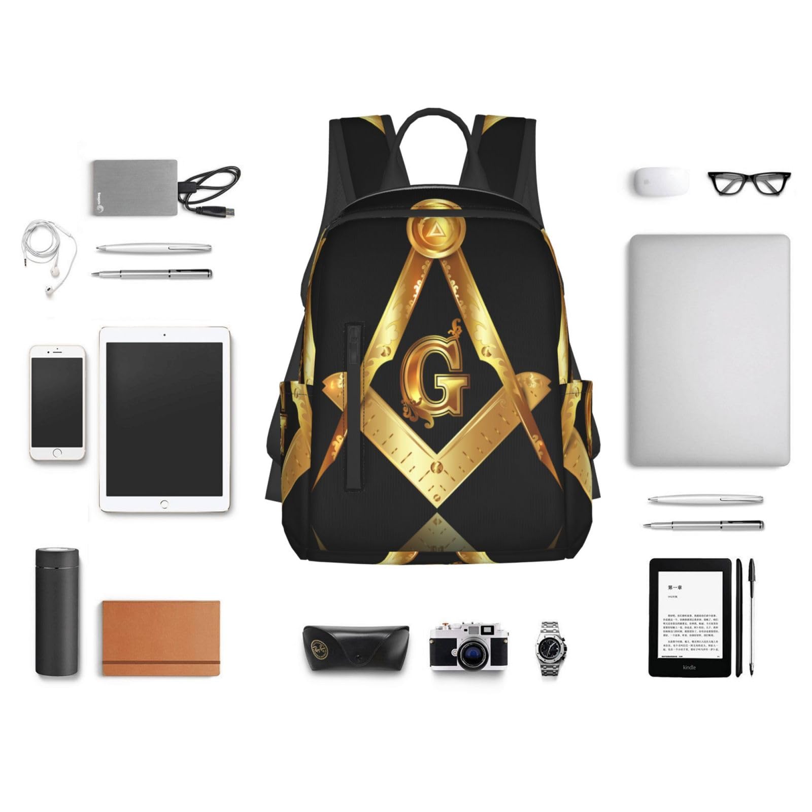 Cute Middle Backpack for Men Women, Lightweight Laptop Backpack Compatible with Gold Freemason Freemasonry Masonic Large Capacity Bookbag for Pencil Box Textbook Bottles