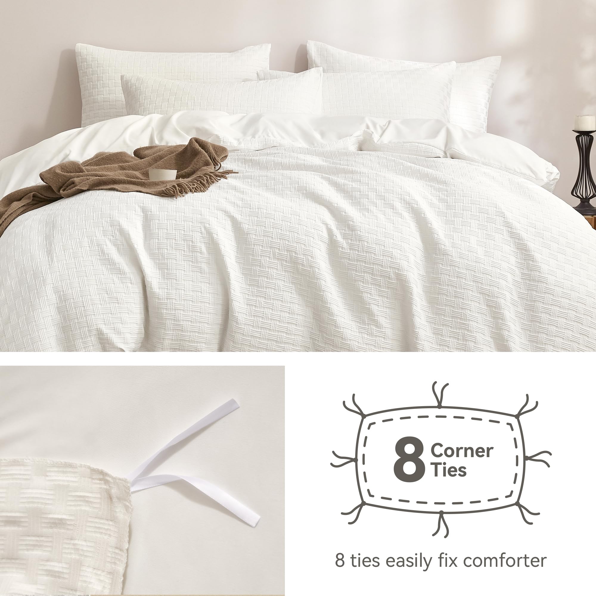 JELLYMONI Bright White Duvet Cover Full Size - 3 Pieces Soft and Breathable Microfiber Knitted Jacquard Waffle Weave Striped Comforter Cover with 8 Corner Ties & Zipper Closure