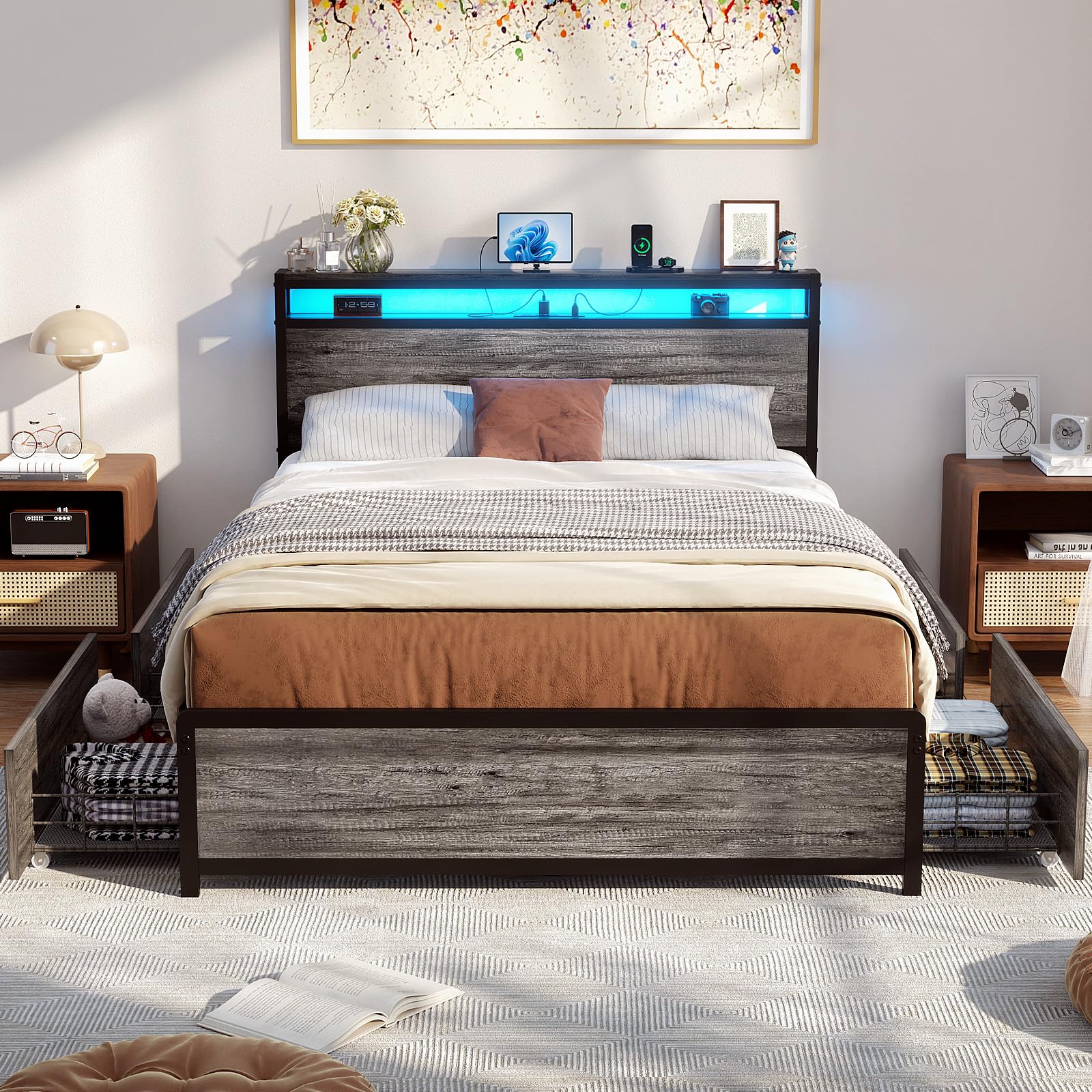 Homieasy King Size Bed Frame with 4 Storage Drawers and Charging Station, Sturdy Platform Bed with Storage Headboard and LED Light, No Box Spring Needed, Easy Assembly, Black