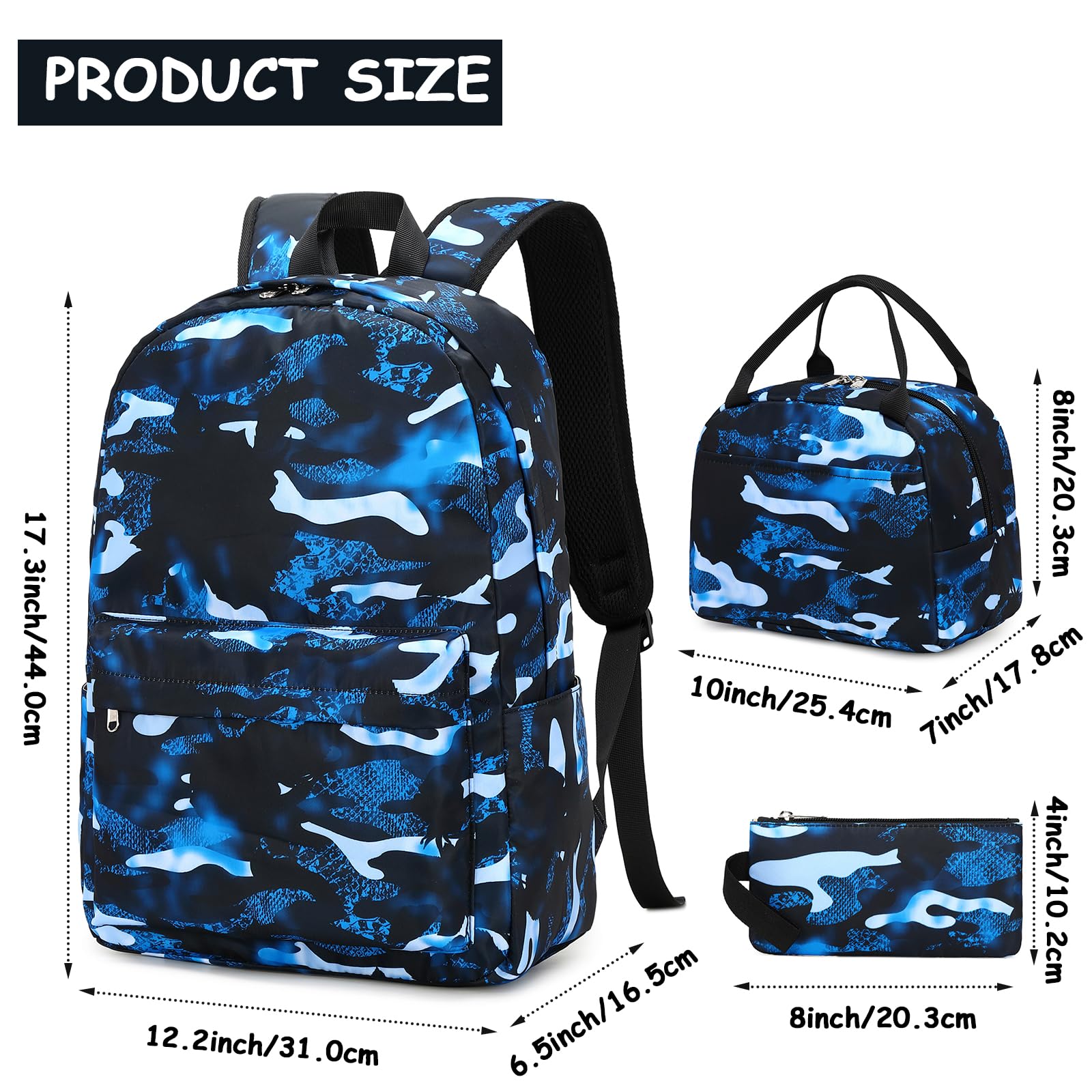Bluboon School Backpack for Boys Teens Bookbag Travel Daypack Kids Lunch Bag Pencil Case (Camouflage-3pcs)