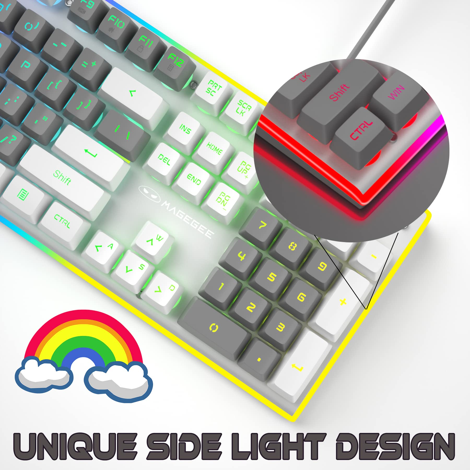 Camiysn Gaming Keyboard, Wired Silent Ergonomic Splashproof RGB Backlit Anti-ghosting Keyboard Mechanical Feeling Keyboard for PC Gamer, White & Grey