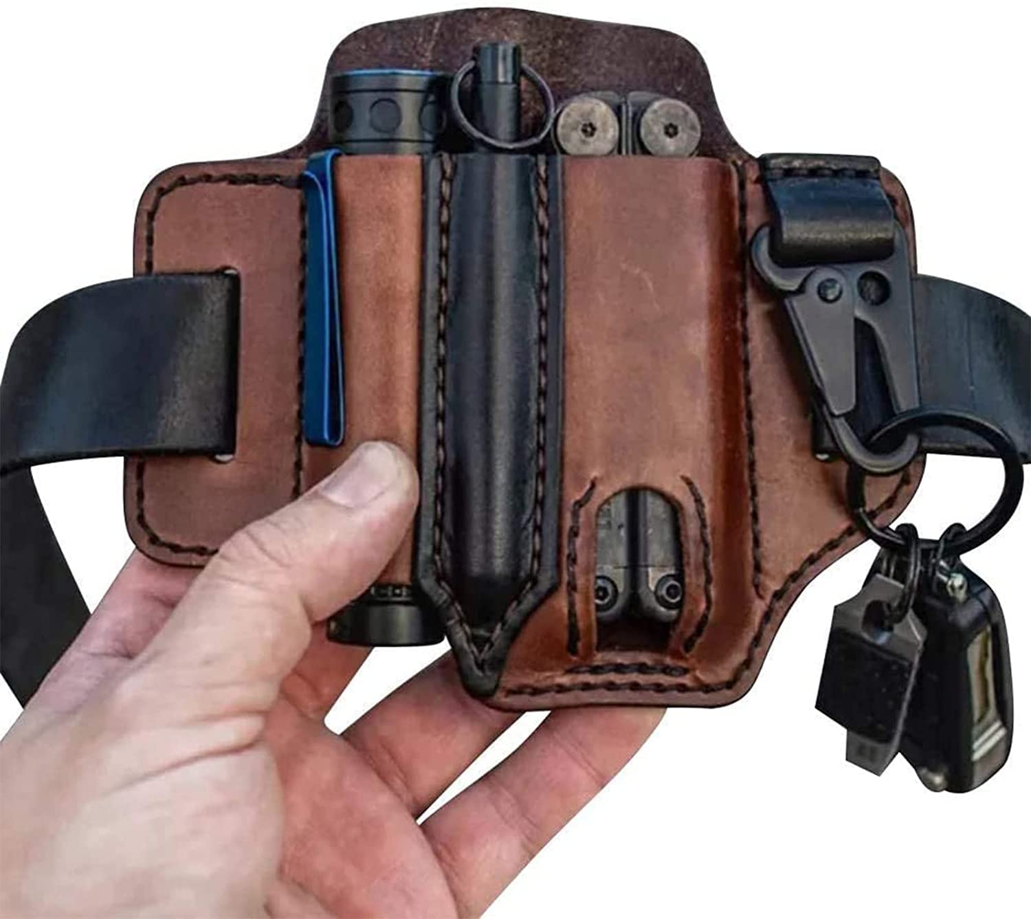 Handmade Leather Multitool Sheath, EDC Belt Pocket Organizer, Flashlight Holster, Storage Belt Waist Bag for Camping, Leatherman Sheath with Pen Holder, Key Fob (Brown)