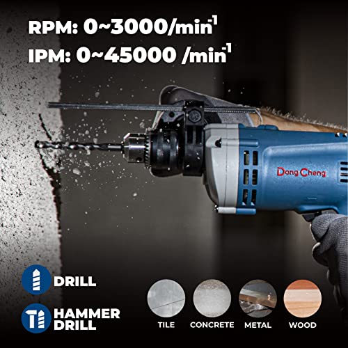 DongCheng Hammer Drill 6A,1/2 Inch Keyed Chuck, 0-3000 RPM/45000 BPM Impact Drill with 15PCS Drilling Bits for Concrete,Metal & Wood, DZJ05-13