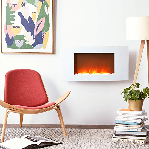 Cambridge Callisto 35" Wall Mounted Electric Fireplace Heater with Realistic Multi-Color Flame and Driftwood Log Display, White Curved Panel Wall Fireplace with Remote Control and Adjustable Heat