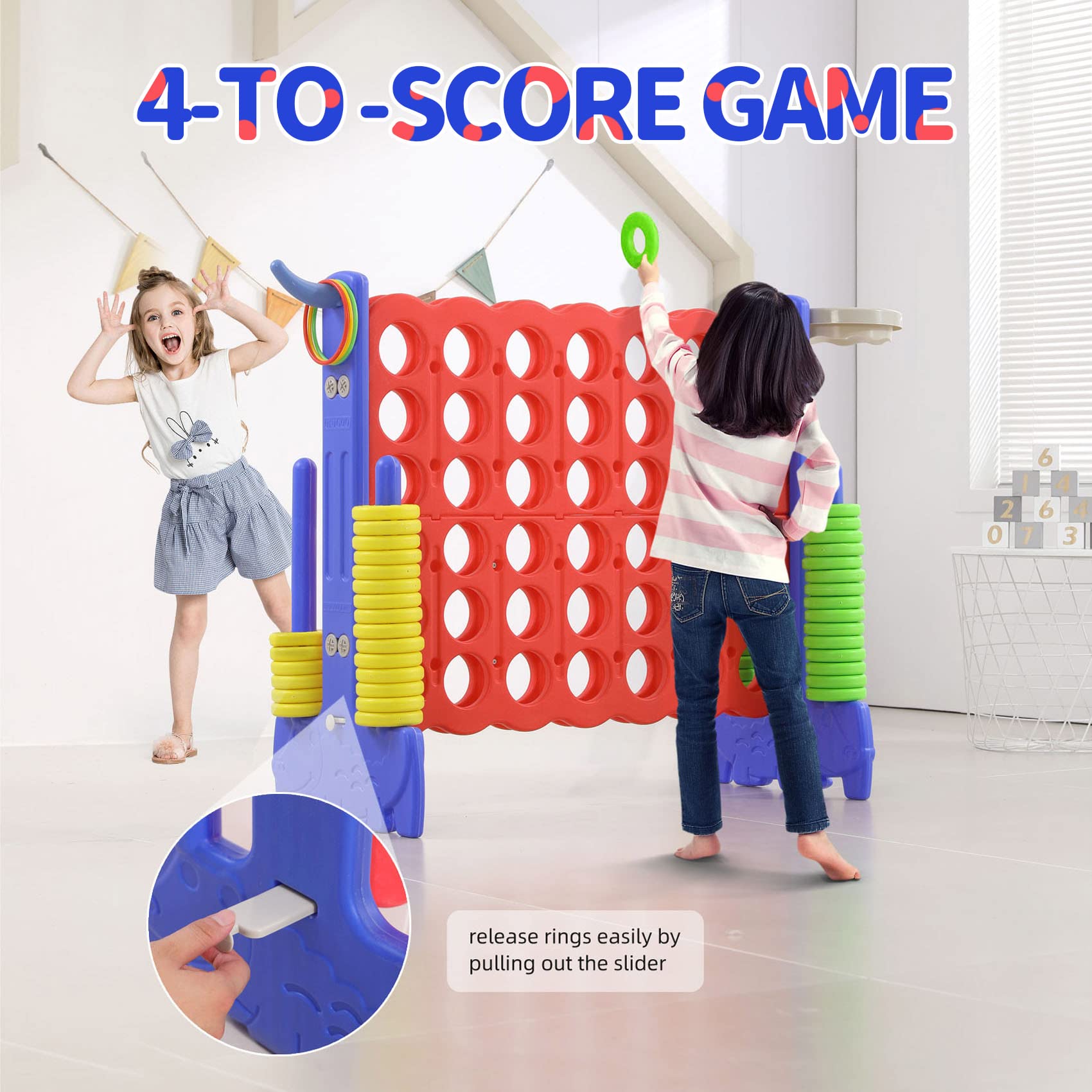 UNICOO Giant 4 in A Row Game with Carry Bag, Basketball Hoop, Ring Toss Game, 4-to-Score Game. Large Outdoor Yard Game, Parties & Gatherings Games (Red+Blue)